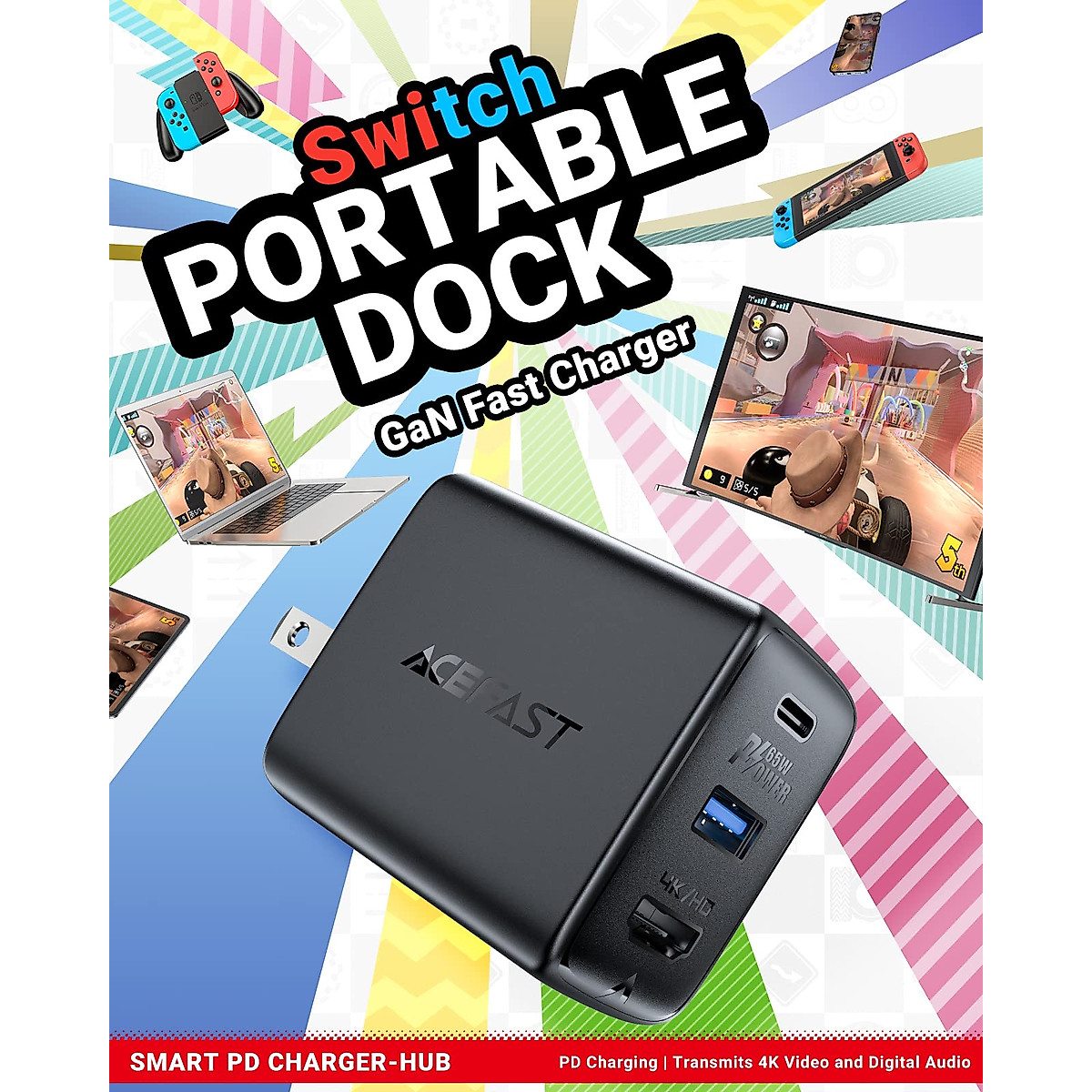 ACEFAST GaN PD65W 3 Port(USB C+USB A+4K/HD) Fast Charger Hub for Nintendo Switch, USB C 3.1 Laptops, Tablets, Foldable AC Plug Power Adapter Compatible with MacBook, Switch, HP, Acer, Samsung, ASUS