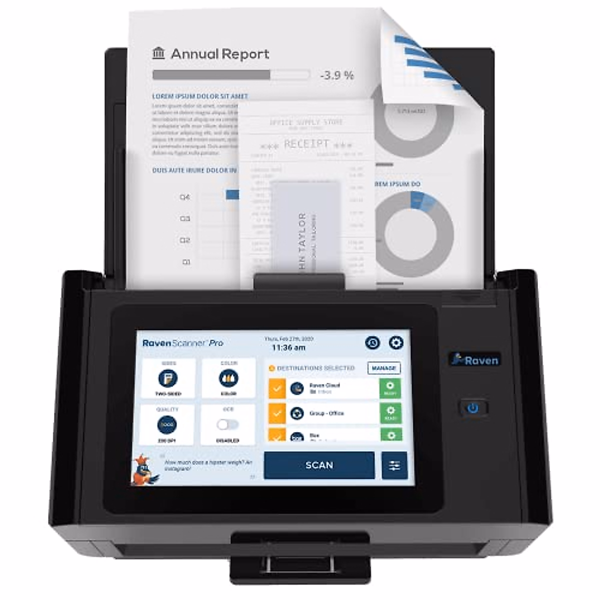 Raven Pro Document Scanner - Huge Touchscreen, High Speed Color Duplex Feeder (ADF), Wireless Scan to Cloud, WiFi, Ethernet, USB, Home or Office Desktop