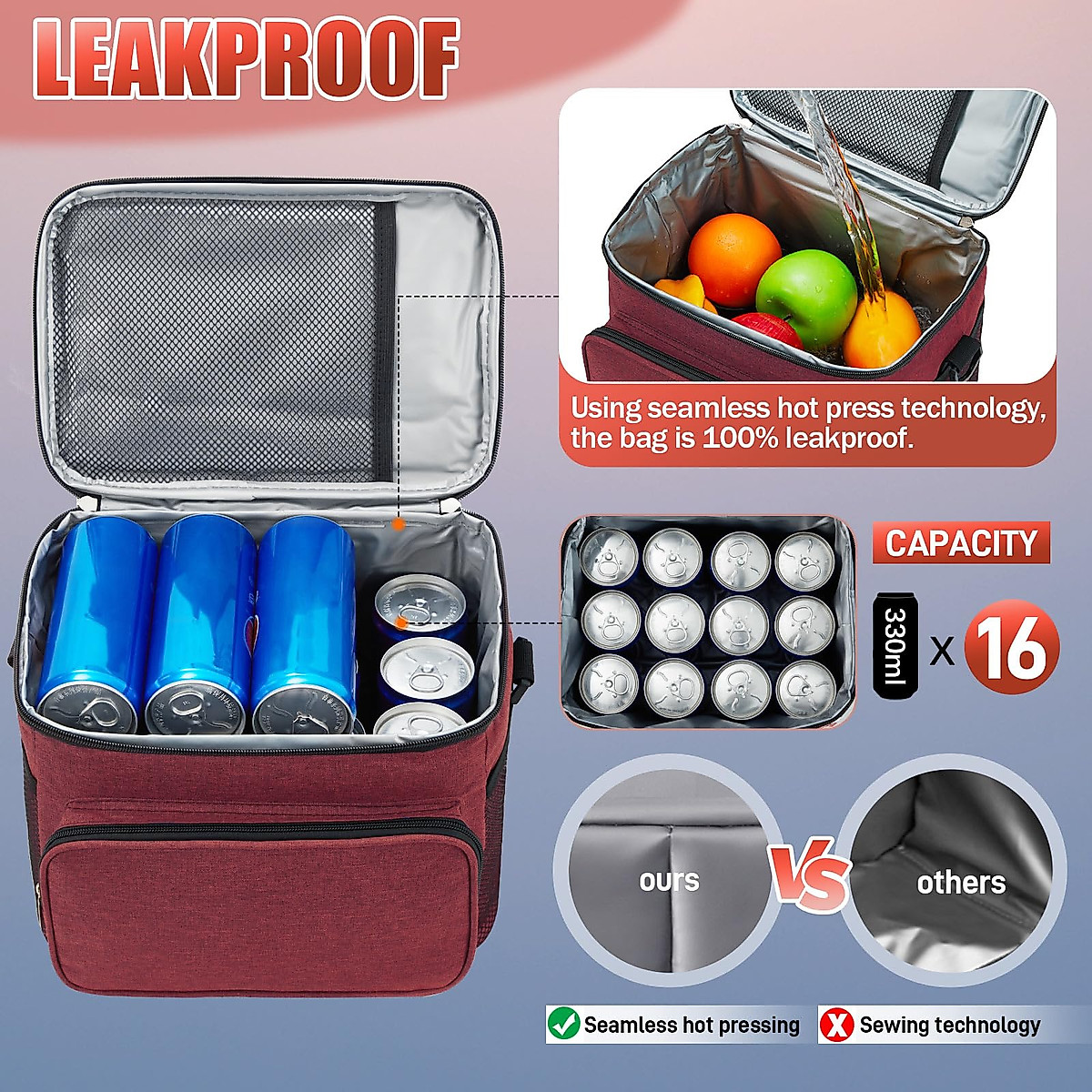 BECOJADDE Lunch Bag for Men and Women, Insulated Lunch Box Soft Cooler with Shoulder Strap for Work Travel Picnic (10L, Red)