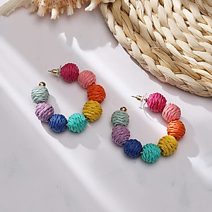 Colorful Statement Raffia Hoop Dangle Earrings for Women - Fun Summer Rattan Beach Vacation Jewelry Teacher Gifts (Colorful)