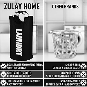 Zulay Home 82L Large Heavy Duty Laundry Basket Collapsible - Non-Slip Padded Laundry Bag With Handles - Waterproof Collapsible Laundry Baskets & Laundry Hampers For Bedroom, Dorm, Travel (Black)