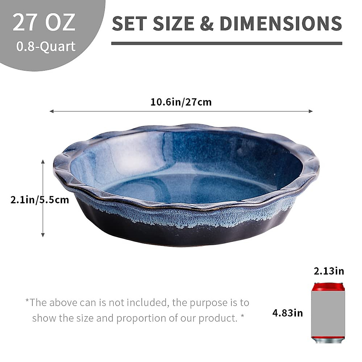 KOOV Ceramic, 9 Inches Pie Plate, Pie Dish for Dessert Kitchen, Round Baking Dish Pan for Dinner, Wrapping Upgrade, Reactive Glaze (Nebula Blue)