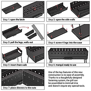 Charcoal Grill for 12 Skewers - Portable Barbecue 20.87"L x 12.60"W x 20.87"H Camp Grills - Mangal schaschlik - Foldable Metal Mangal - Kebab Shish - BBQ for EDC Picnic Outdoor Cooking Camping Hiking…
