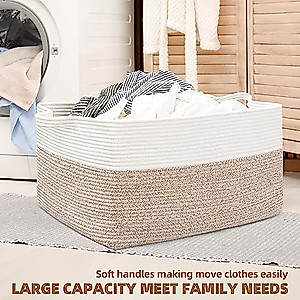 ZLG Extra Large Rectangle Storage Basket 72L Rope Blanket Basket Living Room Pillow Basket Baby Toy Organizer Woven Storage Bin for Kids with Handles Dirty Clothes Storage Hamper, 22 x 17 x 12 inches