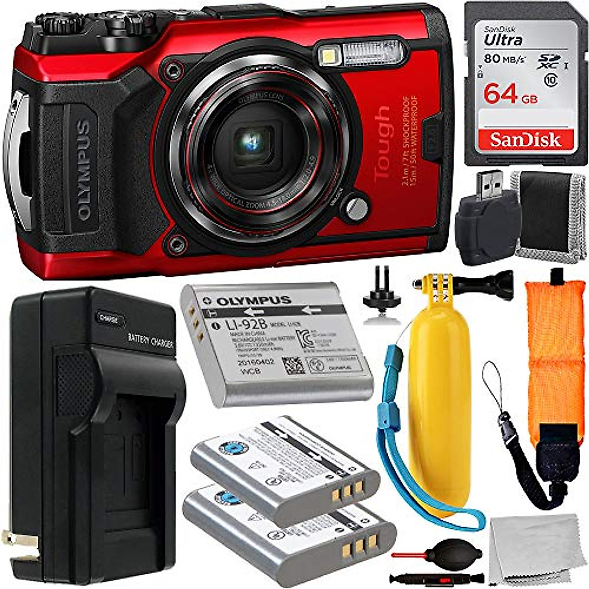 Olympus Tough TG-6 Digital Camera (Red #V104210RU000) with Essential Accessory Bundle – Includes: SanDisk Ultra 64GB SDXC Memory Card + 2X Seller Replacement Batteries with Charger + Much More