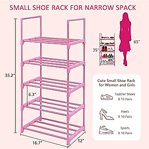LNYZQUS 5-Tier Small Kids Shoe Rack Organizer, Pink Toddler Shoe Shelf Shoe Stand For Closet Narrow Space,Mini Shoe Storage Rack Short Shoe Tower For Women & Girls(Full Pink)
