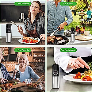 Qoosea Gravity Salt and Pepper Grinder Set, 2 Pack Electric Pepper Grinder Set with LED Light, Stainless Steel Automatic Pepper Grinder Mill Battery Powered, Adjustable Coarseness, One Hand Operated