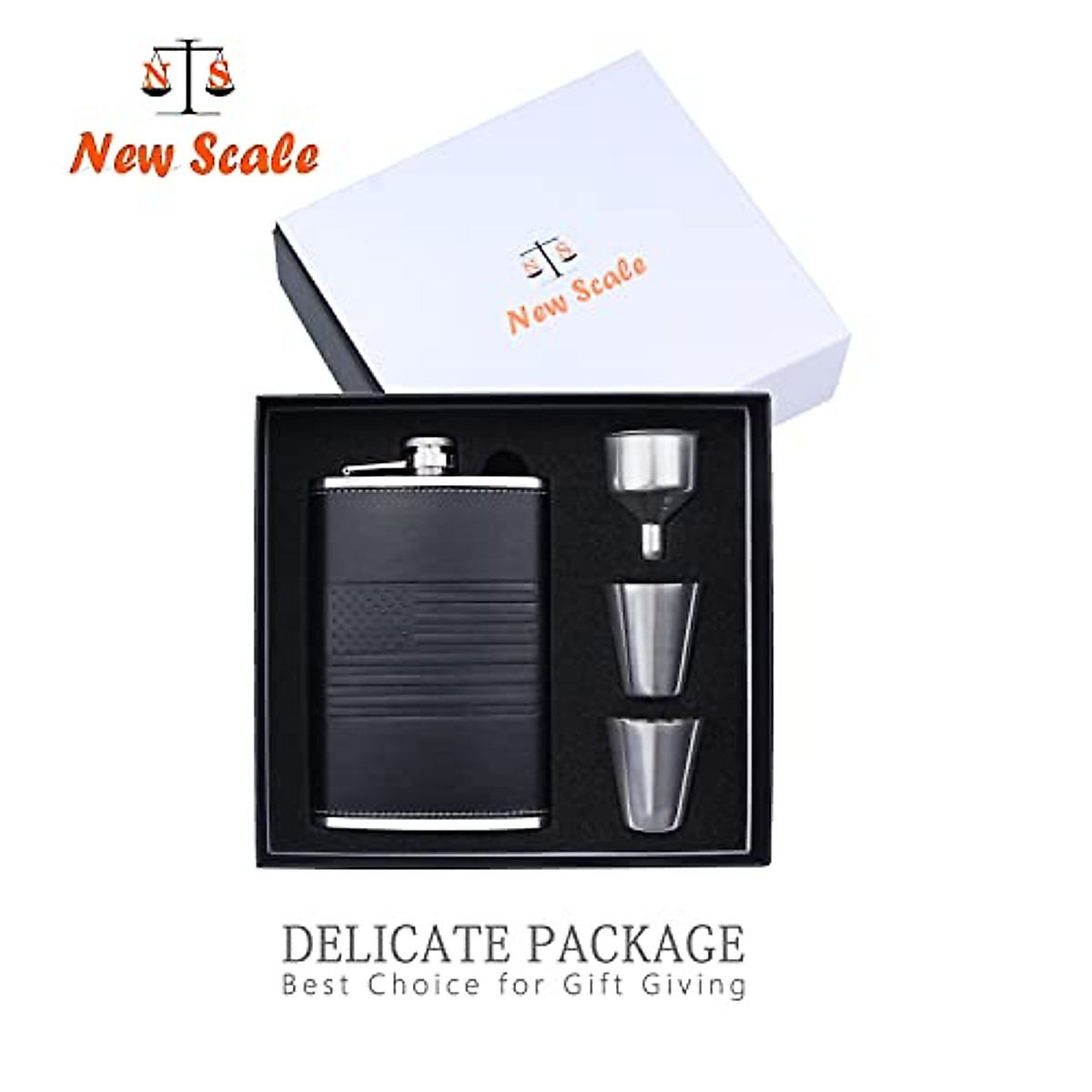 New Scale American Flag Flask Set, 8 Oz Flasks for Liquor for Men with Funnel & 2 Cups , 18/8 Stainless Steel Alcohol Drinking Flask for Men Great Gift Box（Black Leather）