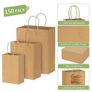 Moretoes 150pcs Brown Kraft Paper Bags with Handles Bulk - Assorted Sizes Gift & Retail Bags for Small Business, Party Favors