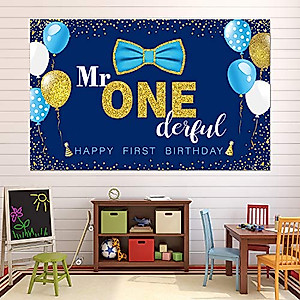 Mr. Onederful Birthday Party Decorations for Boys Happy 1st Birthday Banner Backdrop Large First Birthday Cake Table Decor Mr One Party Favor Supplies (Blue and Gold)