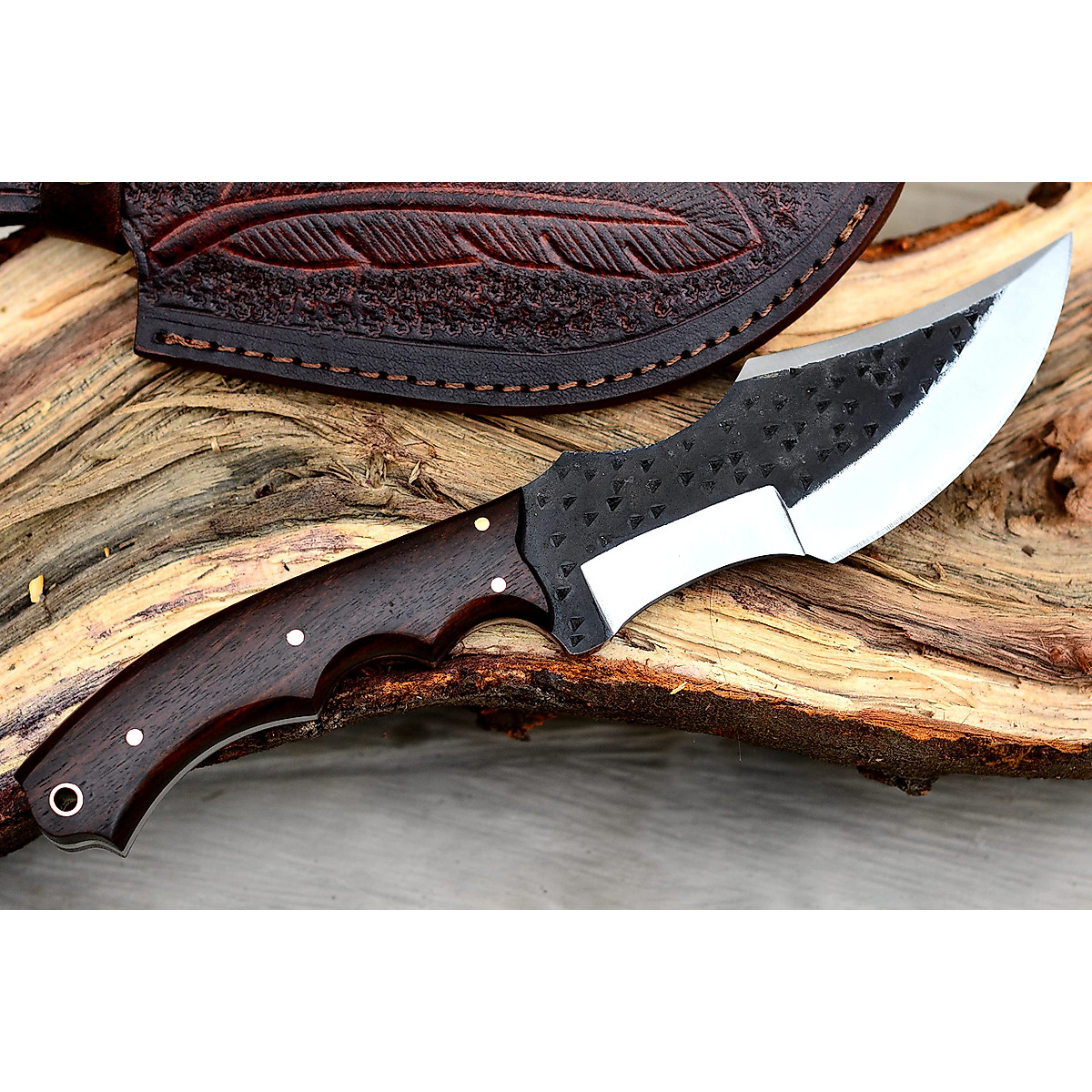 ALZAFASH Tracker Knife with Sheath, Handmade Hunting Knife, Full Tang Camping Knife with Wooden Handle, Hand-forged Steel Blade Knife, Survival Knife
