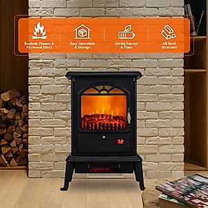 Buymoth Electric Fireplace Stove 23" Freestanding Infrared Electric Fireplace Heater 1000w/1500w w/3D Flame Firewood Effect, Remote Control, Timer, Adjustable Brightness & Temperature, Black