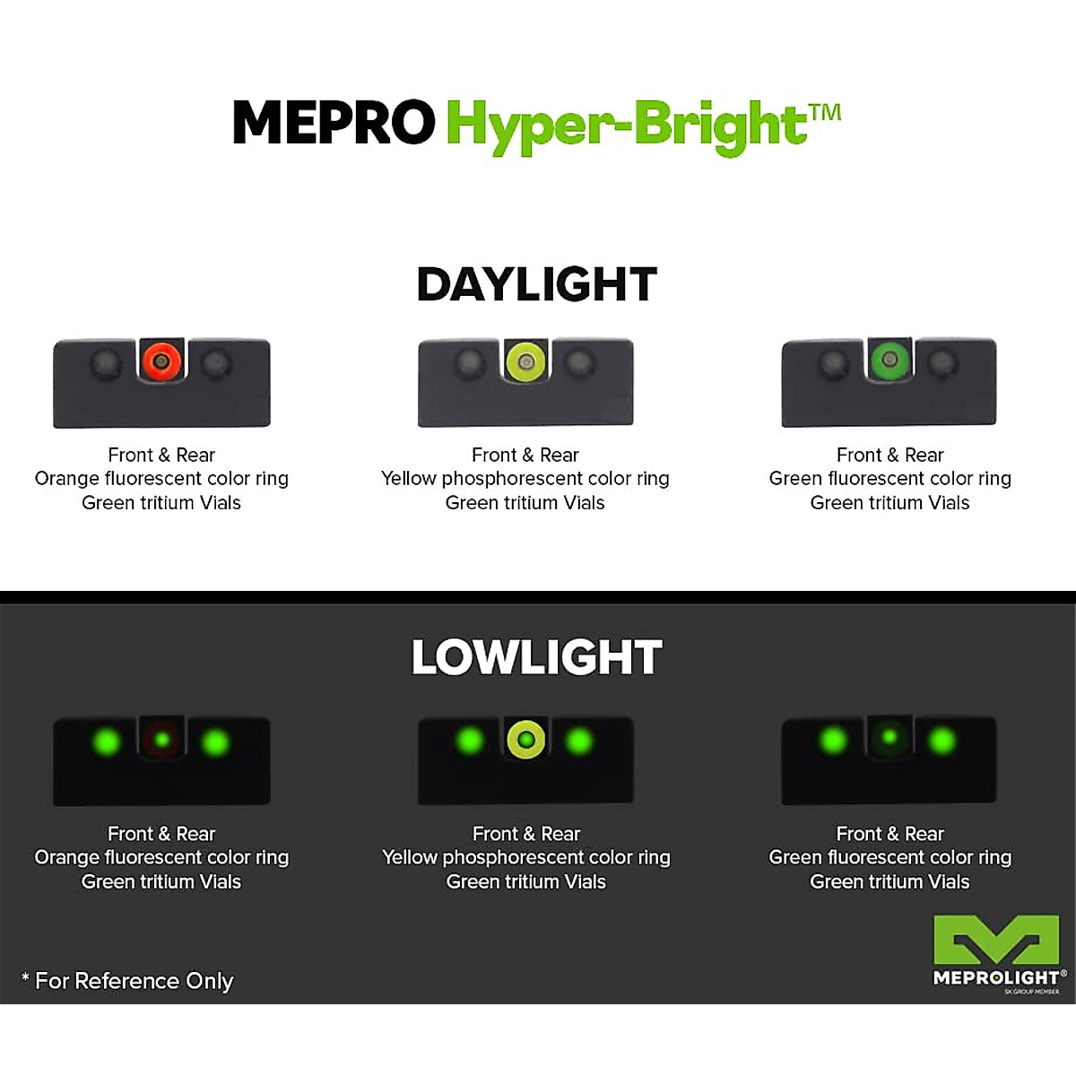 MEPROLIGHT MEPRO Hyper-Bright Fixed tritium Day and Night Front Sight for S&W M&P Green tritium dot and Extra Bright Phosphorescent Yellow Colored Front Ring