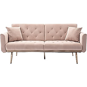 Velvet Futon Sofa Bed,Convertible Sofa Bed with Adjustable Backrest, Modern LoveSeat Sofa Couch for Living Room,Bedroom,Office（Pink）