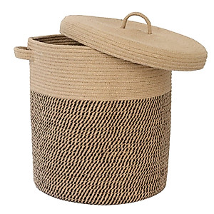 Extra Large Storage Basket with Lid 60L, 16"Wx18"H Woven laundry basket with lid Jute Laundry Basket, Wicker Basket Blankets Pillows Storage in Living Room Baby Nursery, Jute/Black Mix with Lid