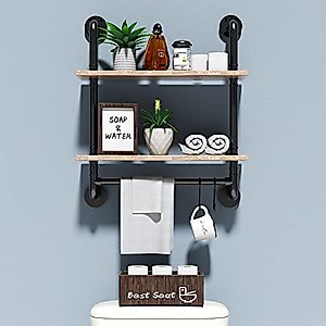 SDMETEI 24 Inch Industrial Pipe Shelf Bathroom Shelves, Rustic Wood Shelf with Towel Bar 2 Tier Farmhouse Industrial Pipe Shelving Towel Rack Over Toilet for Storage