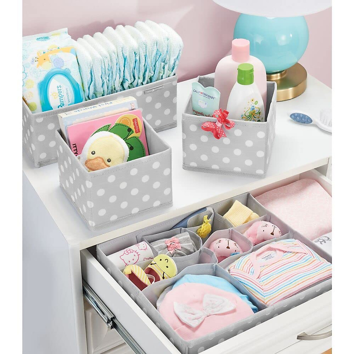 mDesign Soft Fabric Dresser Drawer and Closet Storage Organizer for Child/Kids Room, Nursery - 4 Piece Set - Polka Dot Print - Gray/White