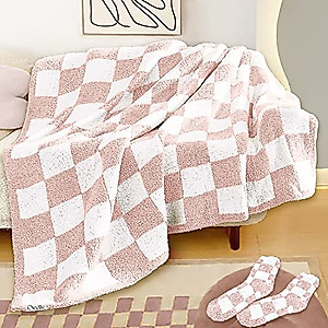 Orelle “Cream Puff” - Soft Knit Checkered Throw Blanket & Socks - Cozy Pink Checkered Blanket Throw - Fluffy Checkerboard Blanket - Aesthetic Cute Checker Blanket Checkered Decor - Puff Pink. 55x67