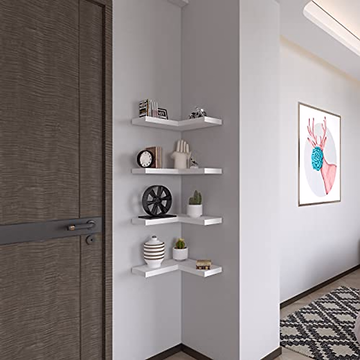 WELLAND Floating Corner Shelf Set of 2, White Wall Mounted Display Shelf with Concealed Hardware for Bedroom, Kids Room, Living Room, Bathroom and Kitchen