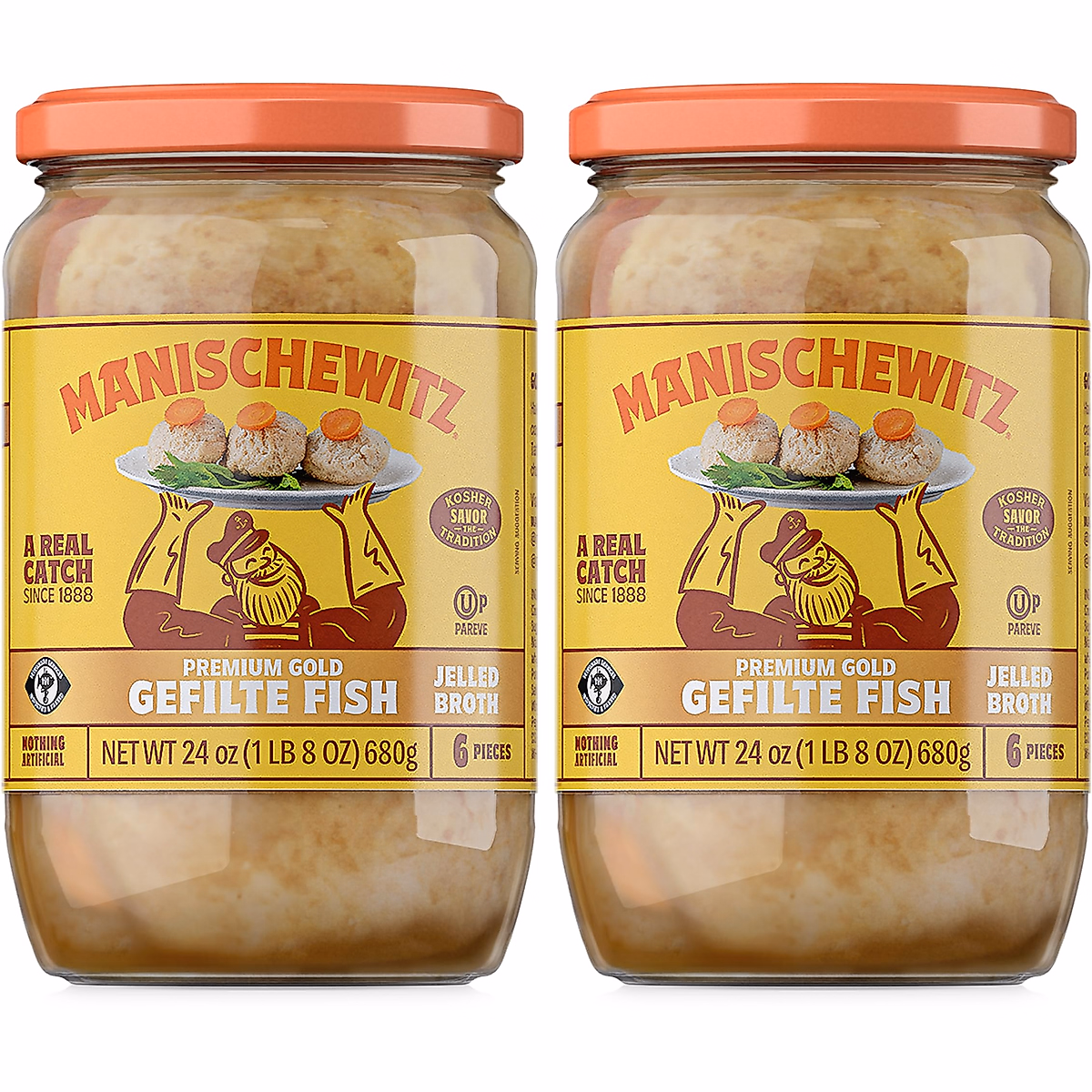Manischewitz Premium Gold Gefilte Fish with Carrots 24oz (2 Pack), Kosher for Passover