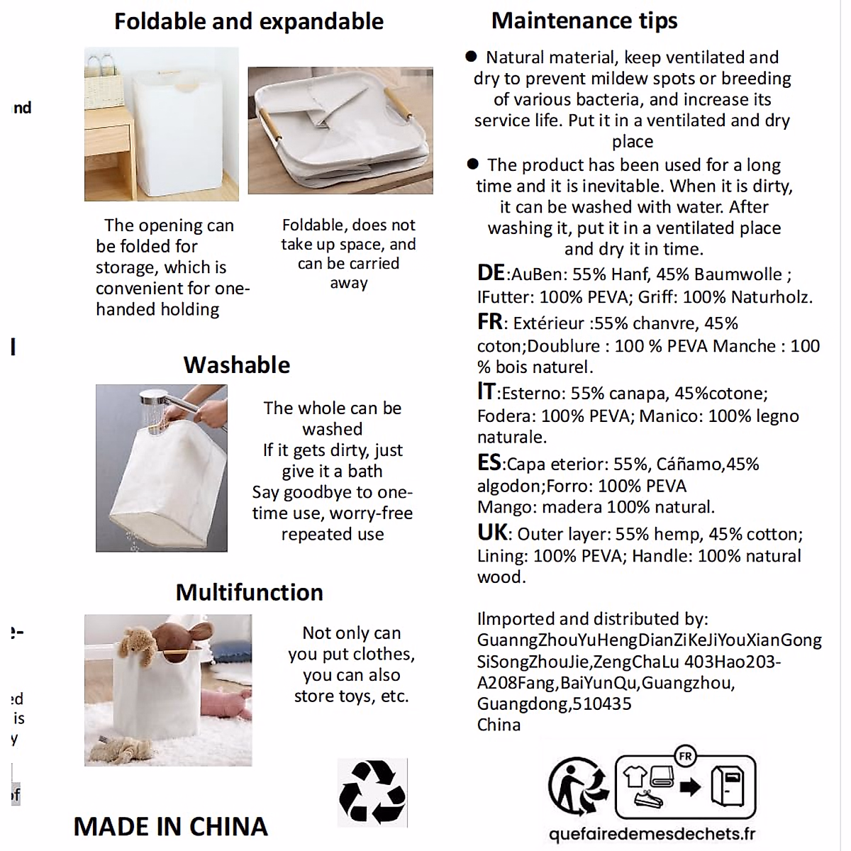 YHZHEN 72L Laundry Basket, Collapsible Laundry Hamper with Handle, Large Laundry Basket Hamper for Clothes, Travel,Towels＆Toys in the Family and Dorm, White