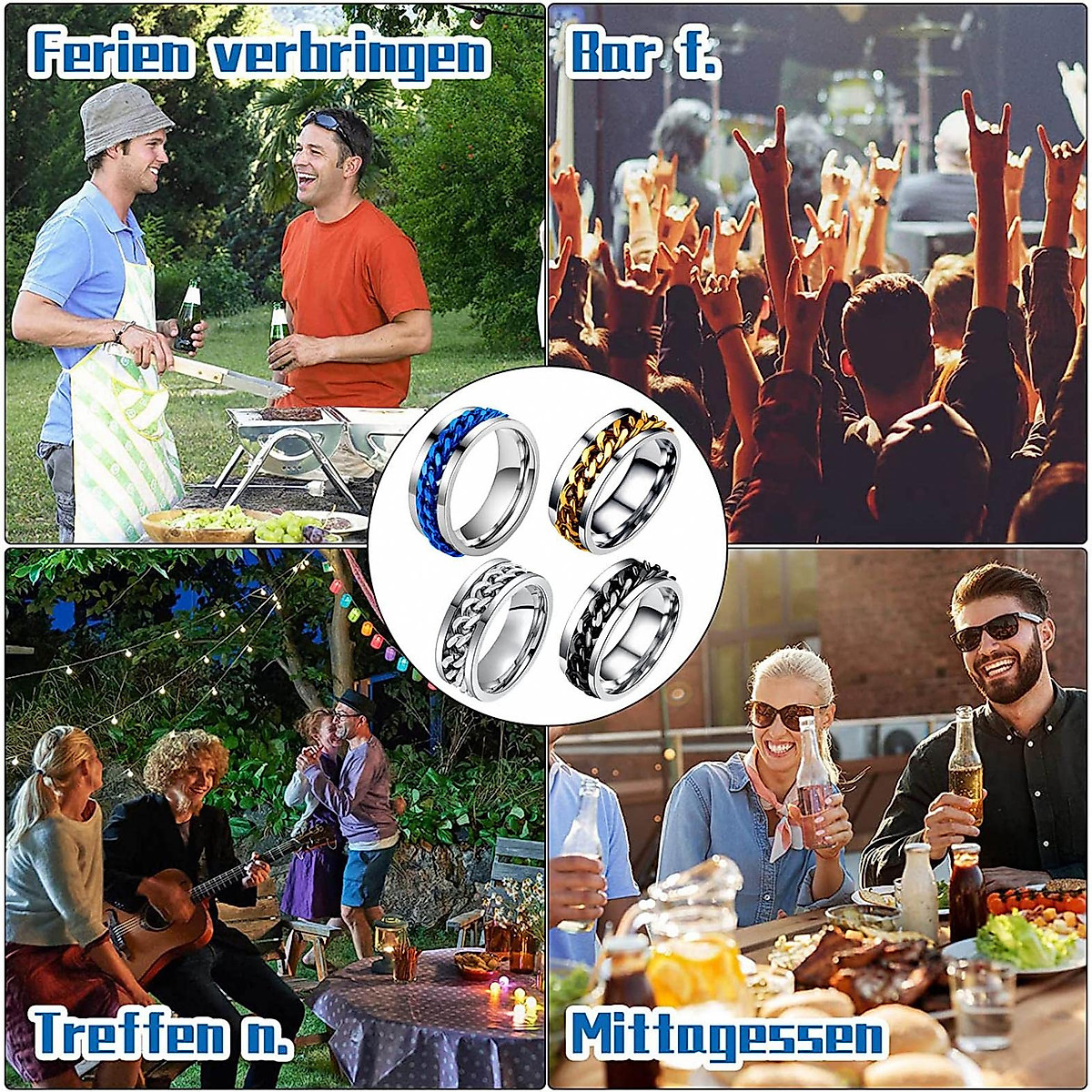 Unisex Beer Ring Bottle Opener Set Chain Rotation Ring Titanium Ring Finger Band for Women Men Jewelry Gift Christmas, Silver