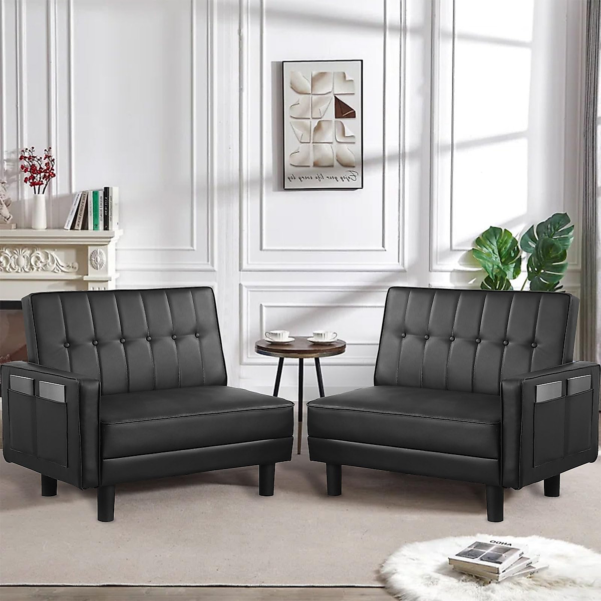 Oprisen 72” Sleeper Futon Sofa Chair Faux Leather Convertible Loveseat Sofa Bed Mid-Century Modern Sofa Tufted Couch for Office/Livingroom/Small Space w/Adjust Backrest/Side Pockets (Black, 2-Seater)