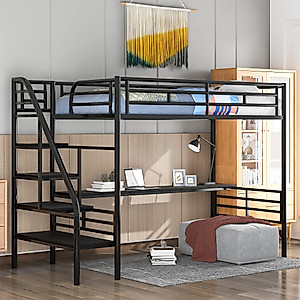 Metal Loft Bed Frame for Boys Girls Kids Adults Toddler with Desk, No Box Spring Needed,Twin,Black