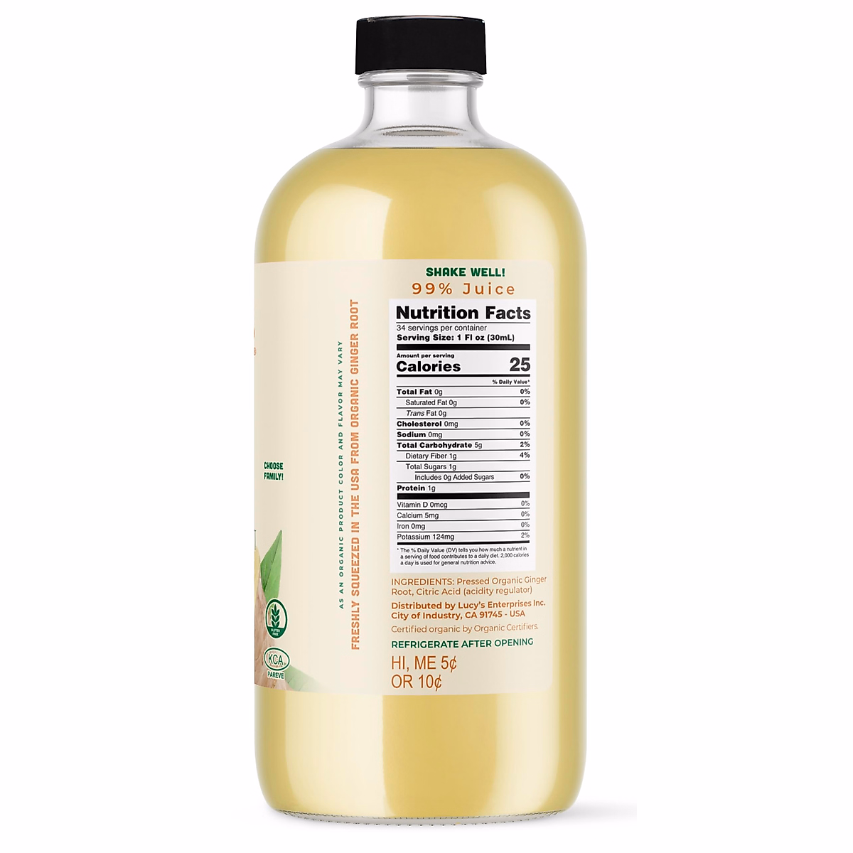 Lucy's Family Owned - PERUVIAN Organic 99% Pure Ginger Juice, 34 oz. Glass Bottle (Made From Fresh Pressed)