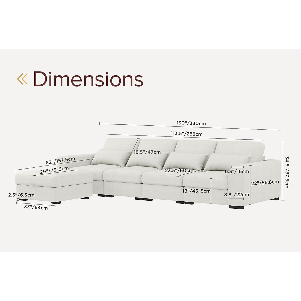 Woyomeub Sectional Sofa Couches for Living Room: L Shaped Couch with Storage Ottoman - Beige Modular Oversized 4 Seater Sofas with Pillows U Shape Furniture Set