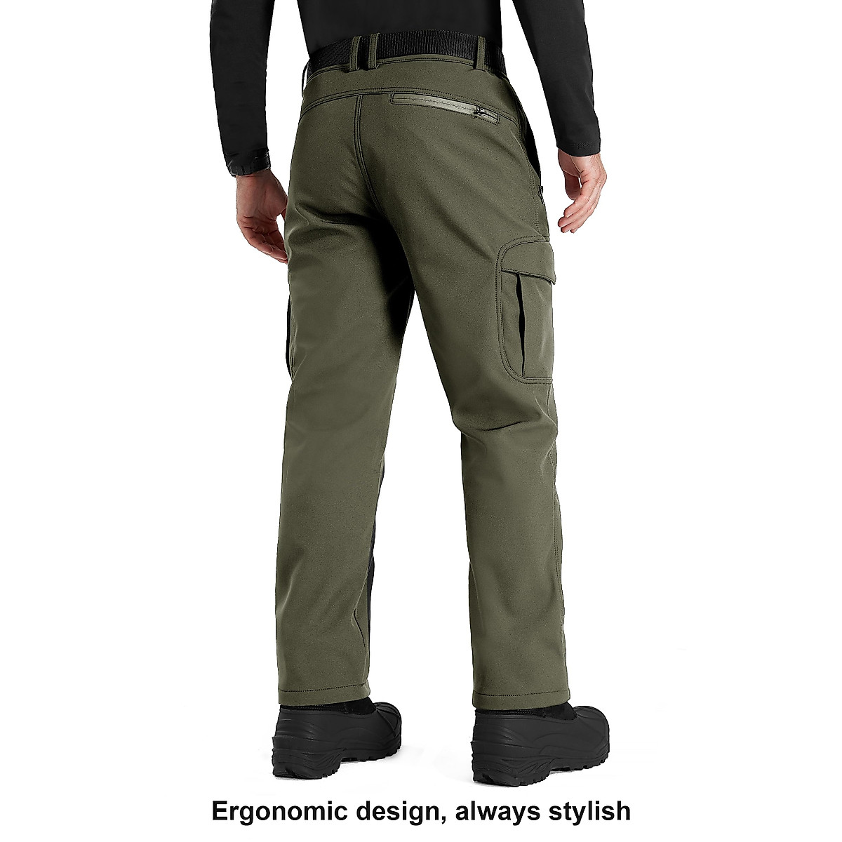 FREE SOLDIER Men's Outdoor Softshell Fleece Lined Cargo Pants Snow Ski Hiking Pants with Belt (Army Green 32W x 32L)