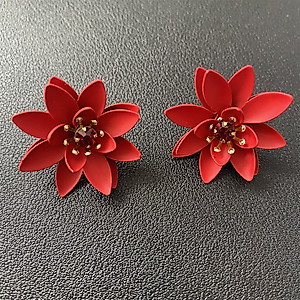 Chic Cute Boho Matte Flower Statement Stud Earrings with Gold Flower Bud for Women Sister Mom Lover and Friends (Red 13)