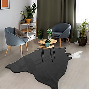 Faux Fur Cowhide Rugs (5 * 7 ft), Machine Washable Cow Print Area Carpet Black Color with Non-Slip Suede Backing, Durable & No Shedding