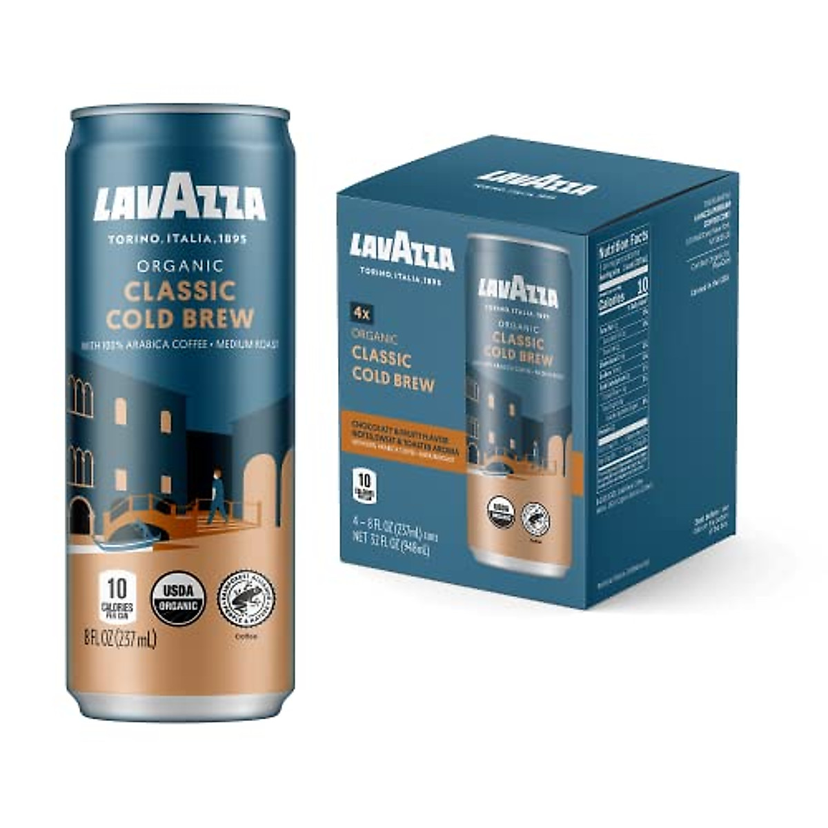 Lavazza Organic Classic Cold Brew Coffee, (Pack of 4 Cans / 8 Fluid Ounce Each) Balanced, Complex, Sweet, Medium Roast, 100% Arabica, USDA Certified Organic, Rainforest Alliance Certified