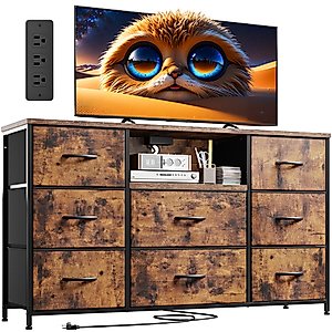 Dresser for Bedroom with Power Outlets, 55" TV Stand Dresser with 8 Drawers, Fabric Dressers & Chest of Drawers for Living Room, Entryway, Rustic Brown