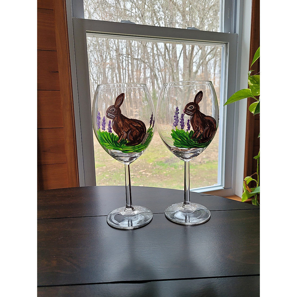 Bunny Rabbit Hand Painted Stemmed Wine Glasses Set of 2