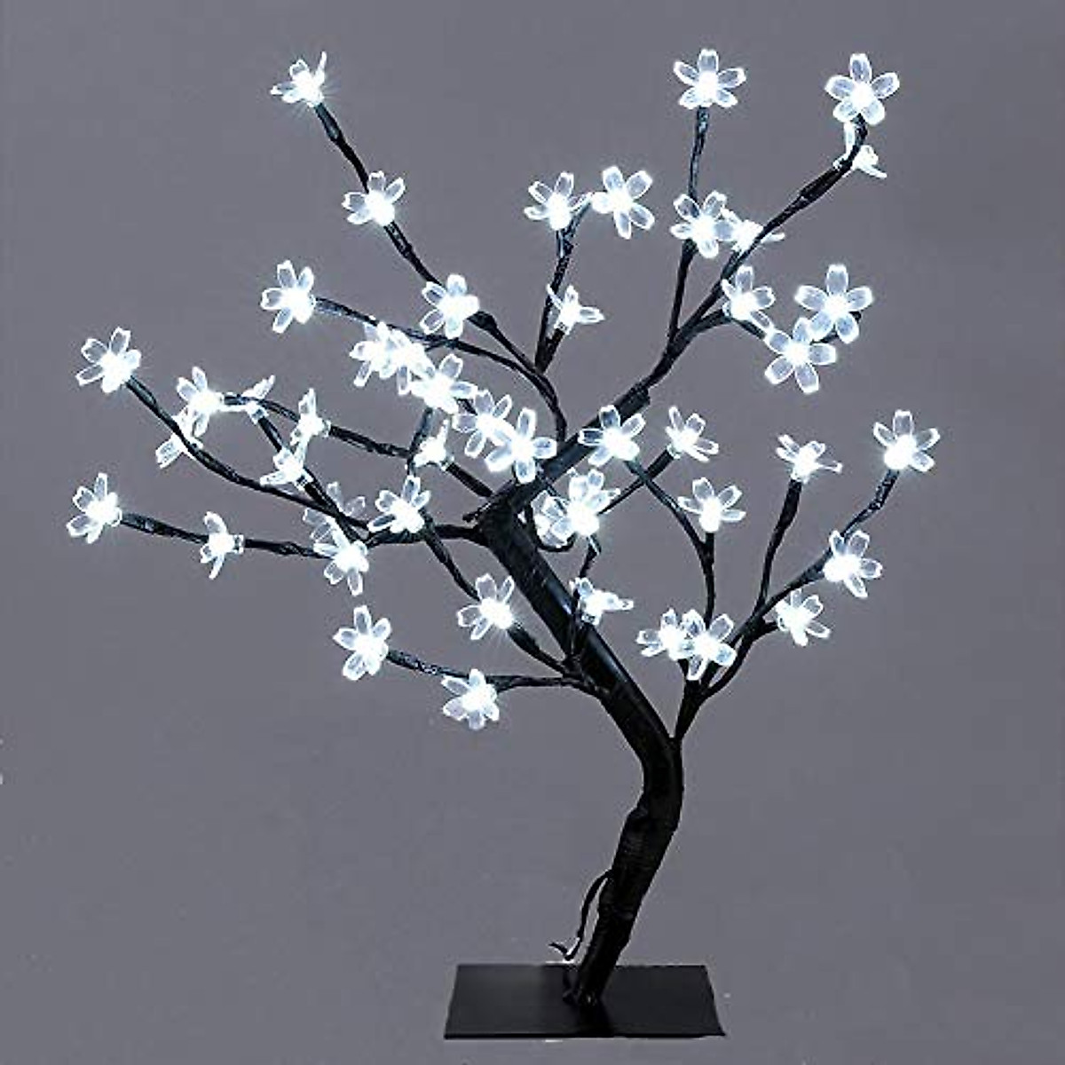 Lxcom Lighting LED Cherry Blossom Bonsai Tree 18” 48 LEDs Plug-in Desk Top Bonsai Lighted Tree Artificial Crystal Flower Light Table Lamp Adjustable Black Branches for Party Wedding Home Decor, White