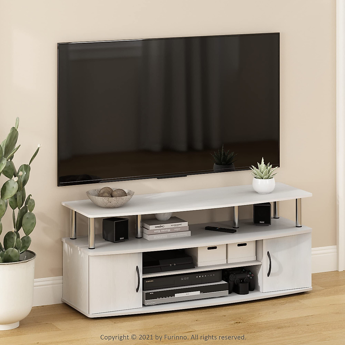 Furinno JAYA Large Entertainment Stand for TV Up to 55 Inch, White Oak/Chrome