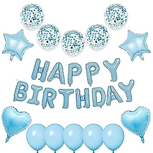 WEIKA 27 Pcs Light Blue Birthday Decorations, 3D Letters Light Blue Happy Birthday Balloon Banner, Pentagram Heart Foil Balloons Confetti Balloons Kit For Boys Girls Birthday Party Supplies