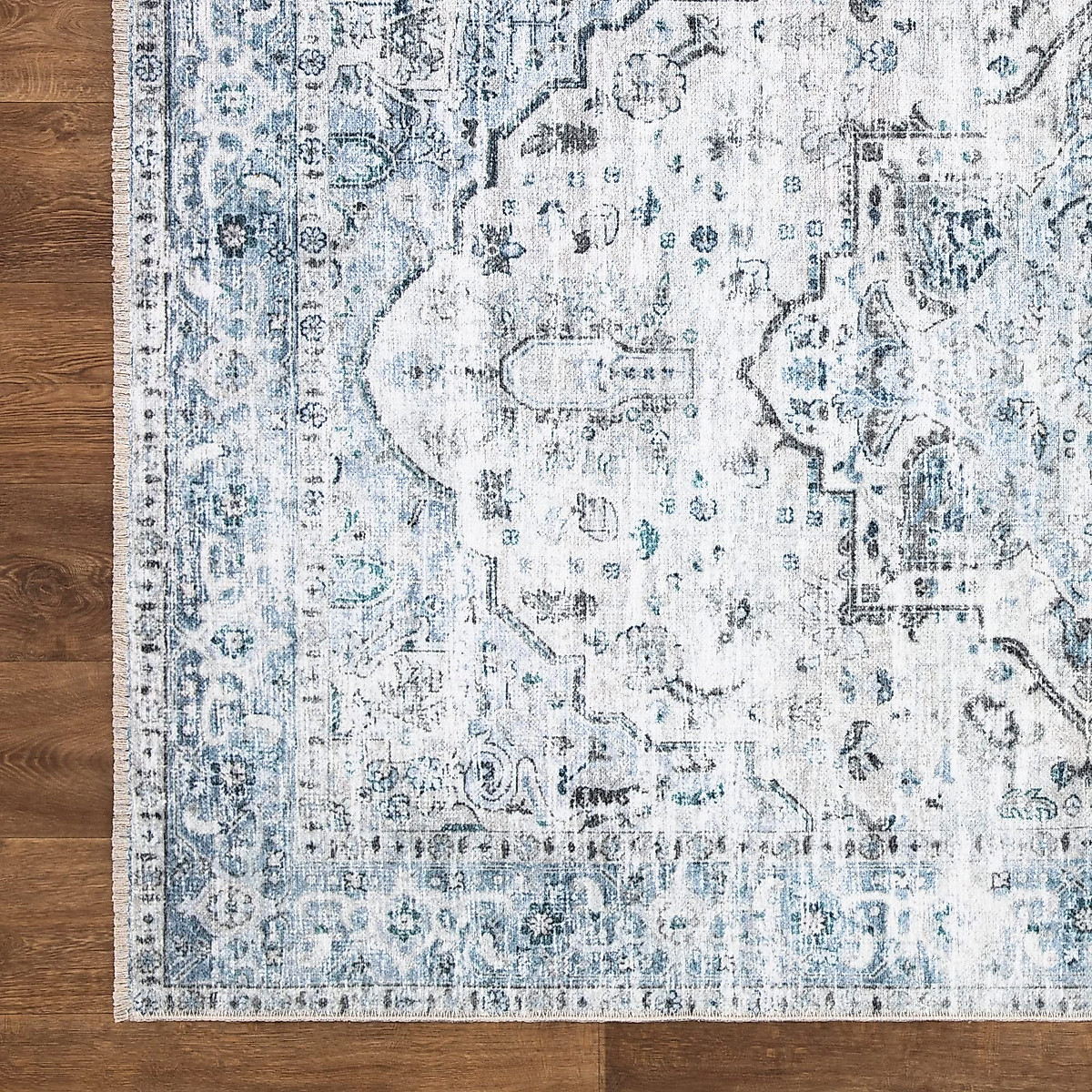 Bloom Rugs Caria Washable Non-Slip 6x9 Rug - Ivory/Blue/Gray Traditional Area Rug for Living Room, Bedroom, Dining Room, and Kitchen - Exact size: 6' x 9'