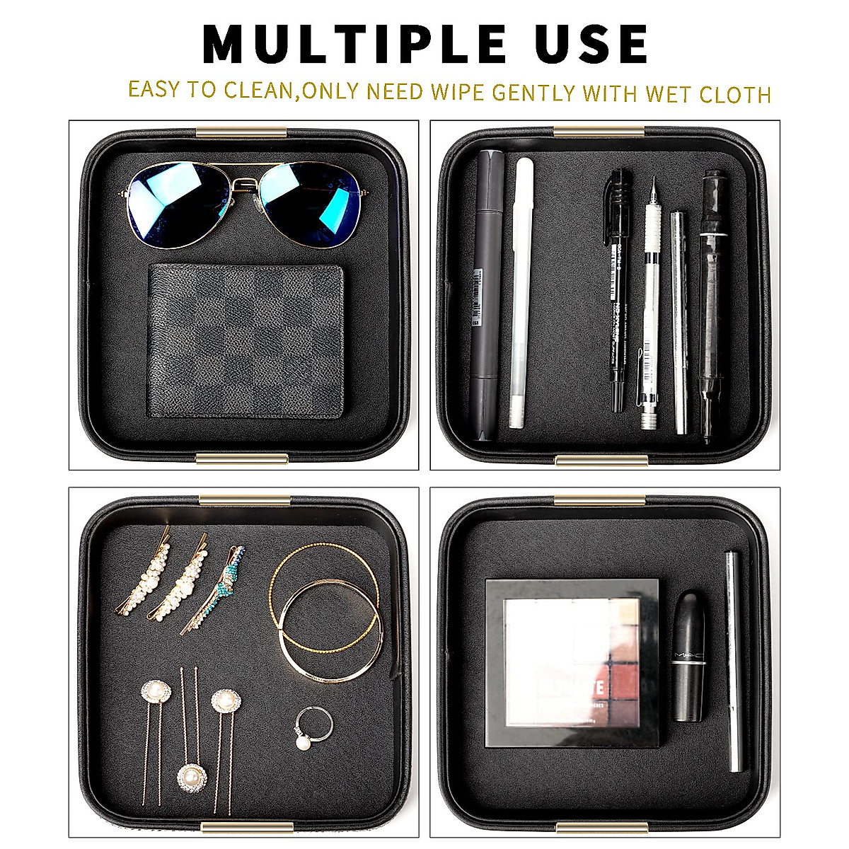 SANZIE Luxury Leather Desktop Storage Small Catchall Organizer Decorative Tray for Entryway Table to Hold Jewelry Watch Cosmetics Keys Phone Wallet, Home & Office Accessories (Metal Glided, Black)