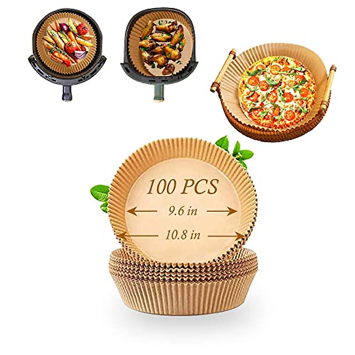 Air Fryer Liners XL FAMILY SIZE, 100 Pcs, 9.06-inch Internal Diameter Disposable Paper Liner for Baking Frying Grilling Roasting Microwave - Unbleached Non-Stick Oil-proof. For ROUND &/SQUARE Fryers