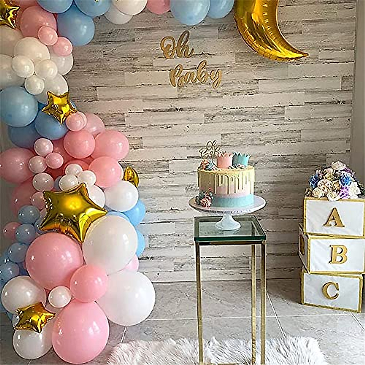 Gender Reveal Decorations Pastel Balloon Garland Arch Kits, 117PCS Blue And Pink White Gold Foil moon with twinkle twinkle little Star Gender Reveal Diy Baby Shower Balloons Party Supplies