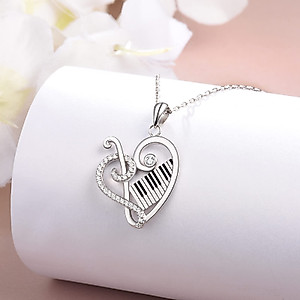 ACJNA 925 Sterling Silver Heart Pendant Piano Keyboard Necklace Music Jewelry for Women(With music note)