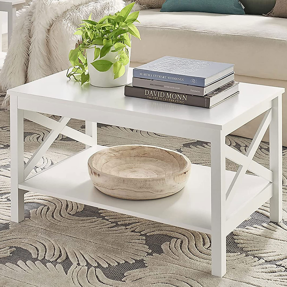 ClosetMaid 3930 X-Frame Design Coffee Table with Shelf, White Wood
