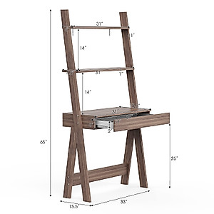 Giantex 3 Tier Ladder Desk with Drawer, 33" Width Walnut Ladder Shelf with Anti-Tipping Device, Freestanding Bookshelf, Leaning Computer Desk with Shelves for Small Space