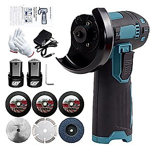 Weytoll 12V Cordless Brush Angle Grinder Kit, Grinding Disc 3/76mm, 19500rpm Electric Grinding Tool Mini Grinder Handheld Cutter with 2pcs 12V1300mAh Batteries and 6 Cutting Discs, Blue