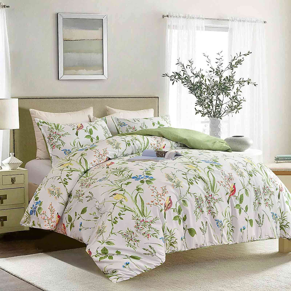 Nanko King Size Duvet Cover Set, Green Floral/Flower Leaf Bird Print Pattern, 3pc 104x90 Microfiber Comforter Quilt Bedding Cover with Zip Ties - Spring Modern Farmhouse for Men and Women Teen Girl