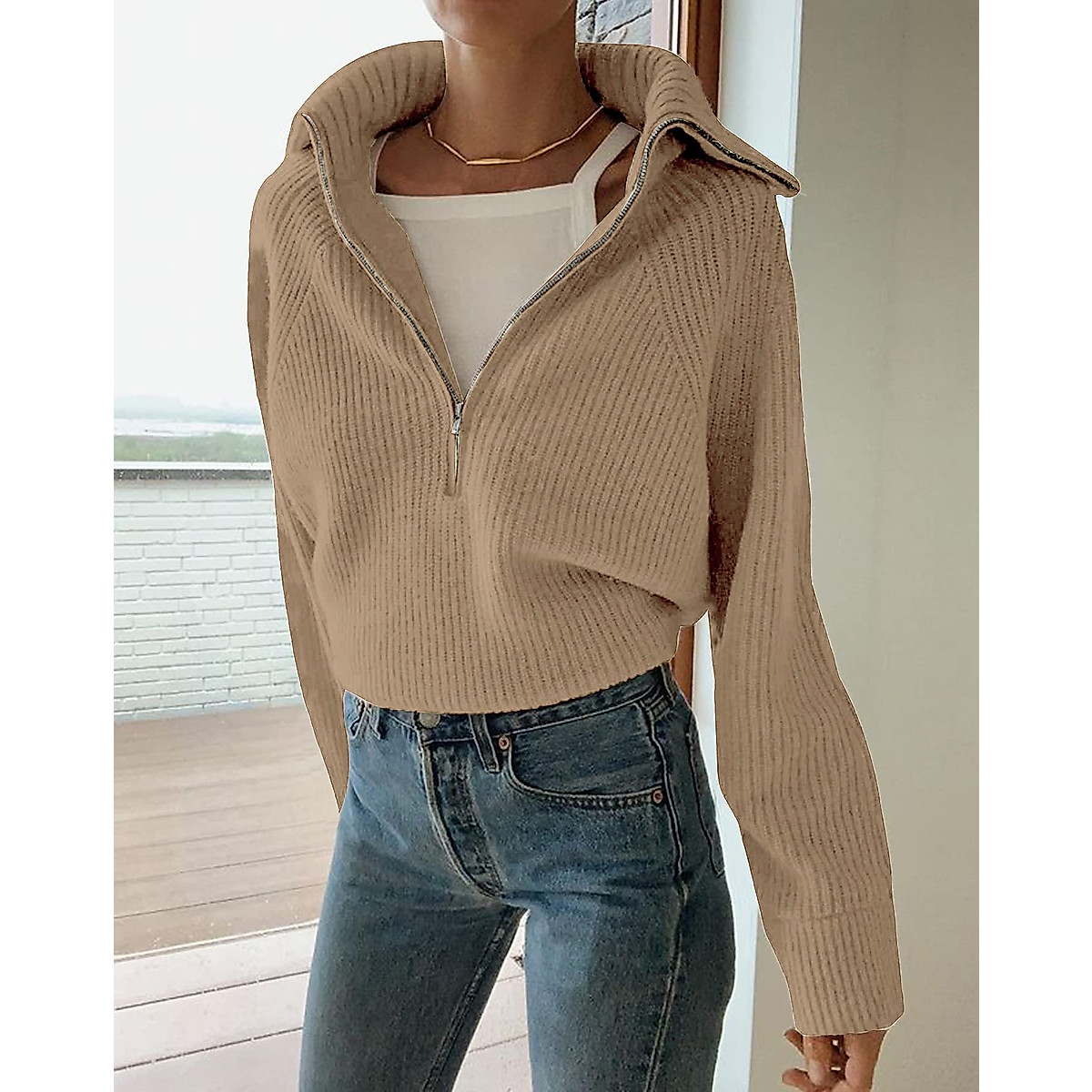 BTFBM Women's Long Sleeve V-Neck Pullover Sweater Casual Fall Winter Collar Ribbed Knit Loose Slouchy Jumper Sweaters(Solid Light Khaki, Large)