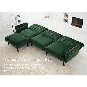 DURASPACE Velvet Sectional Convertible Sofa with Chaise, 106.5" L Shape Sectional Sofa Couch with USB, Split Back Folding Futon Couch for Living Room (Green)